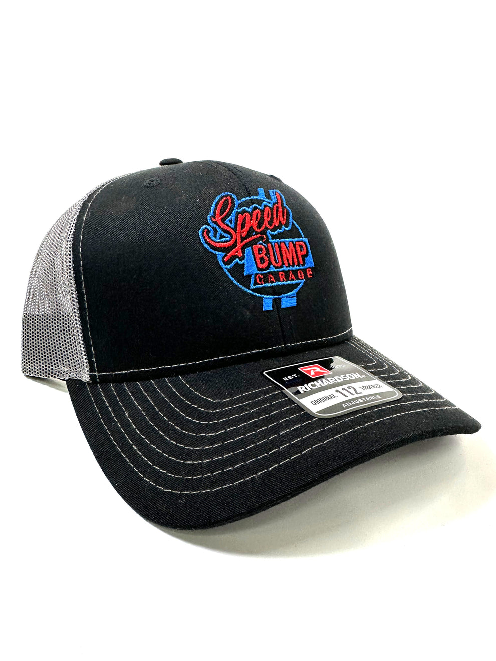 SBG Hat Black/Charcoal Red/Blue Logo – Speed Bump Garage